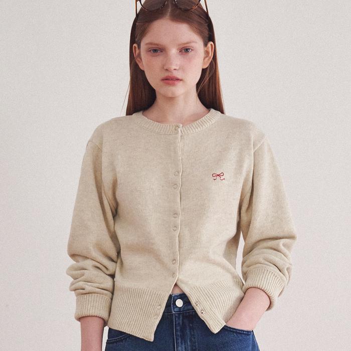 RONRON RONRON HEART RIBBON KNIT CARDIGAN OATMEAL (Creatrip)