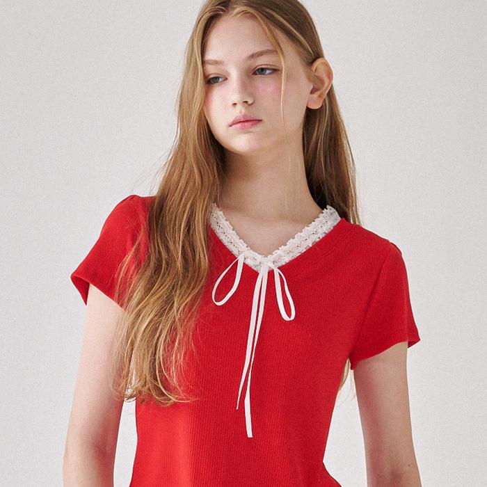 RONRON RONRON STRING RIBBON LACE V NECK SLIM CROP T SHIRT (Creatrip)